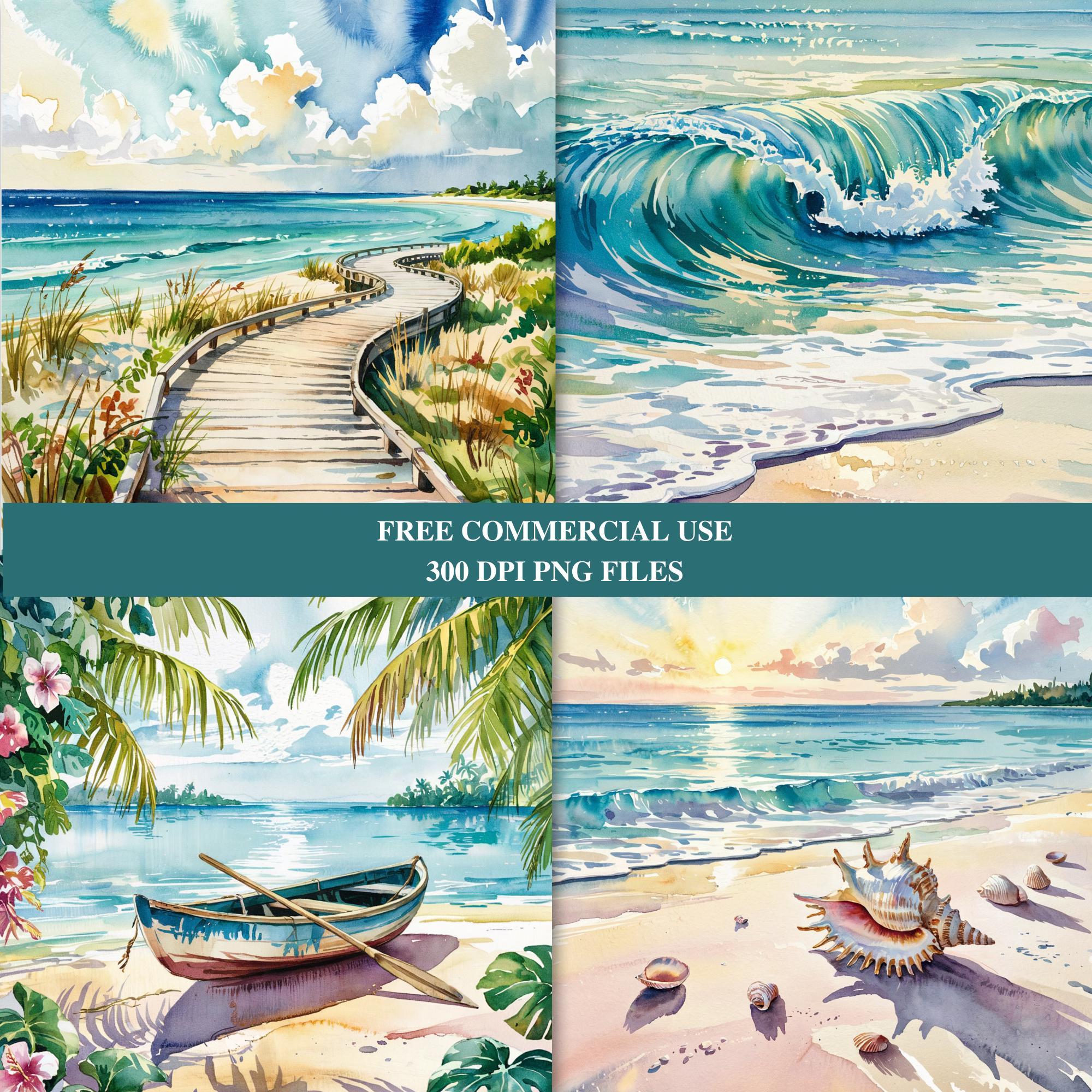 38 Beach Digital Paper Pack | Watercolor Tropical Beach | Watercolor ...