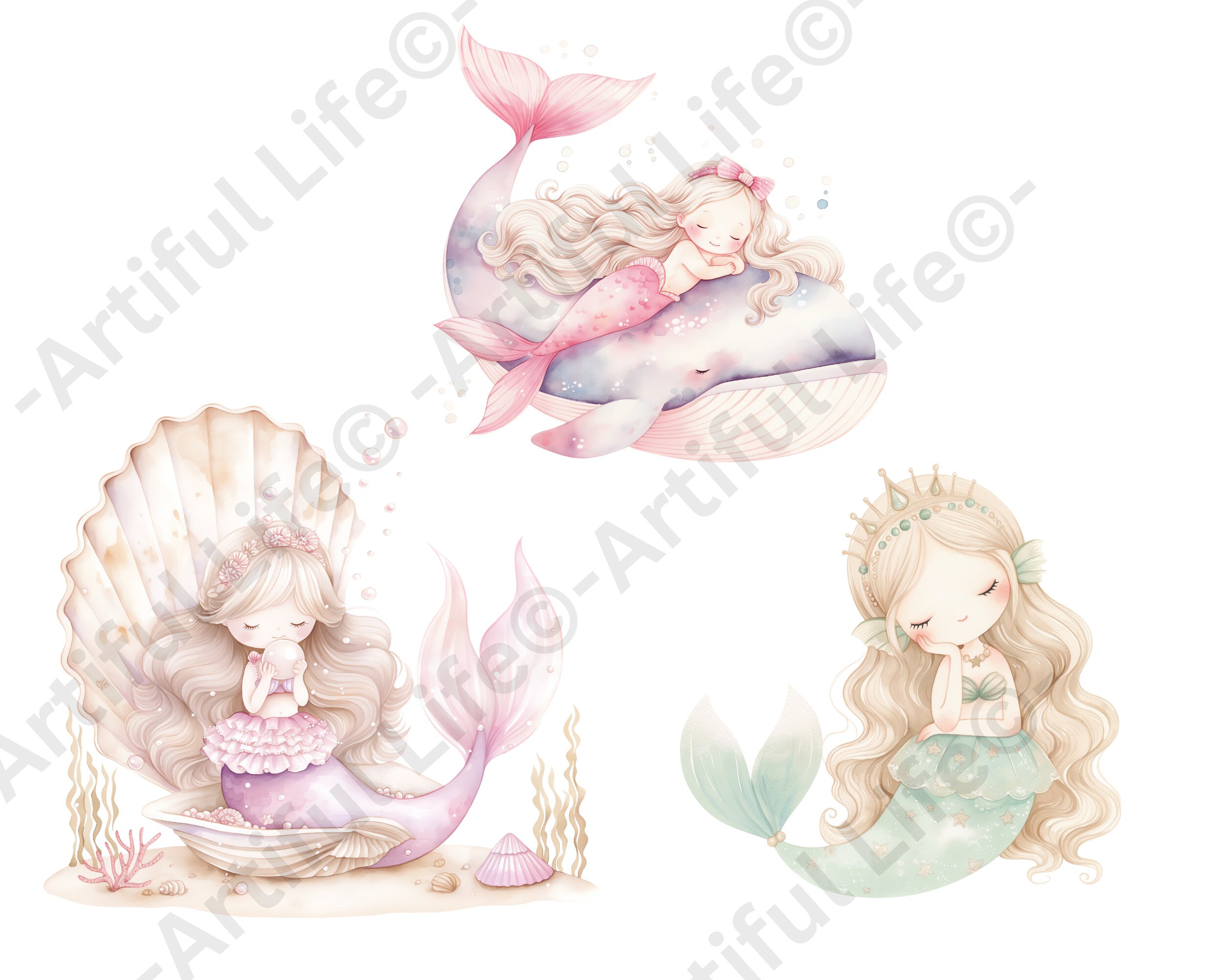 Cute Watercolor Mermaid Clipart Bundle | Cute Mermaids PNG | Cute ...