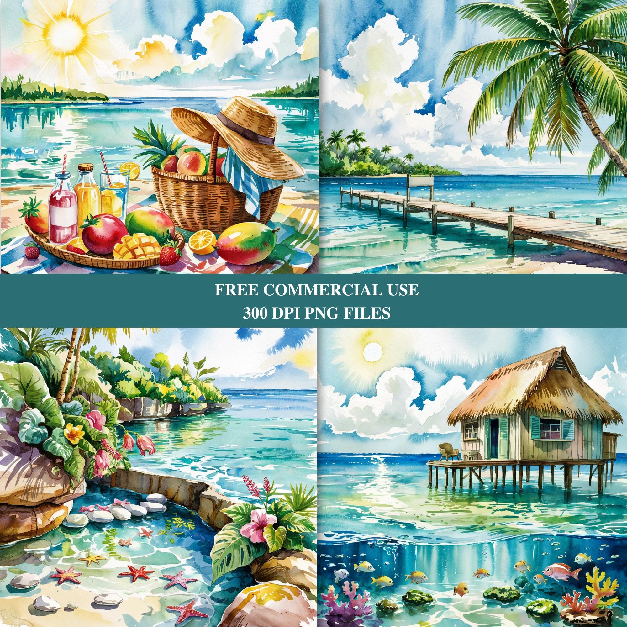 38 Beach Digital Paper Pack | Watercolor Tropical Beach | Watercolor ...