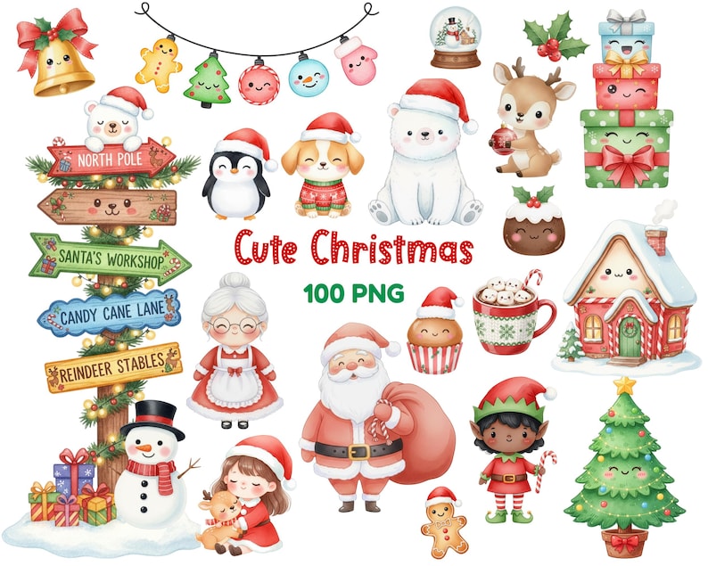 Watercolor Cute Christmas Clipart PNG | Kawaii Christmas Clipart ...