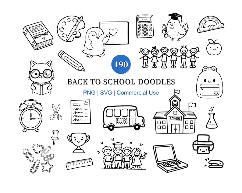 190 Back to School Doodle Clipart SVG PNG | Cute School Clipart | Black ...