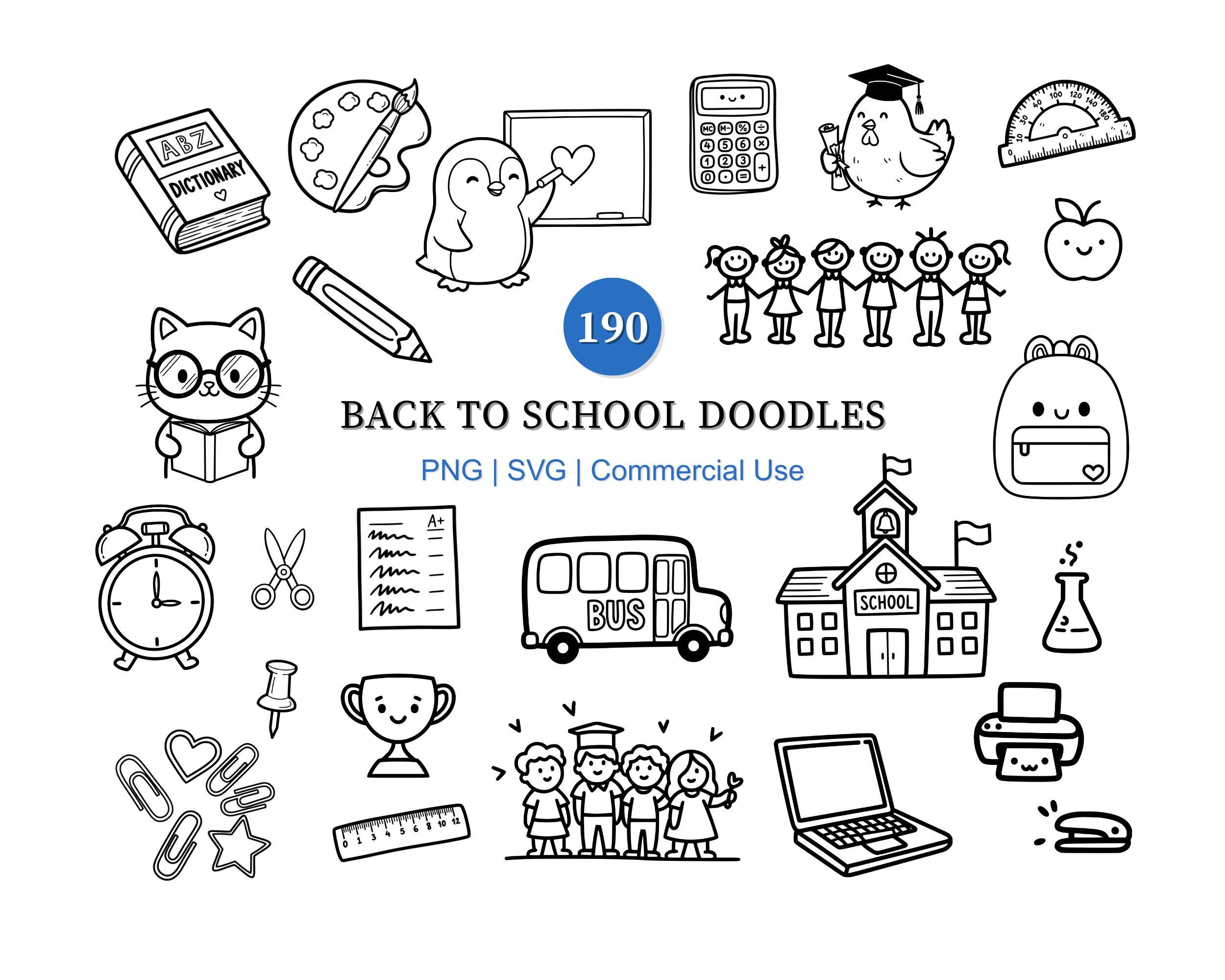 190 Back to School Doodle Clipart SVG PNG | Cute School Clipart | Black ...