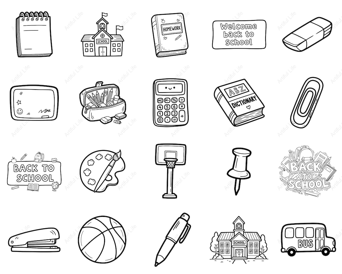 190 Back to School Doodle Clipart SVG PNG | Cute School Clipart | Black ...