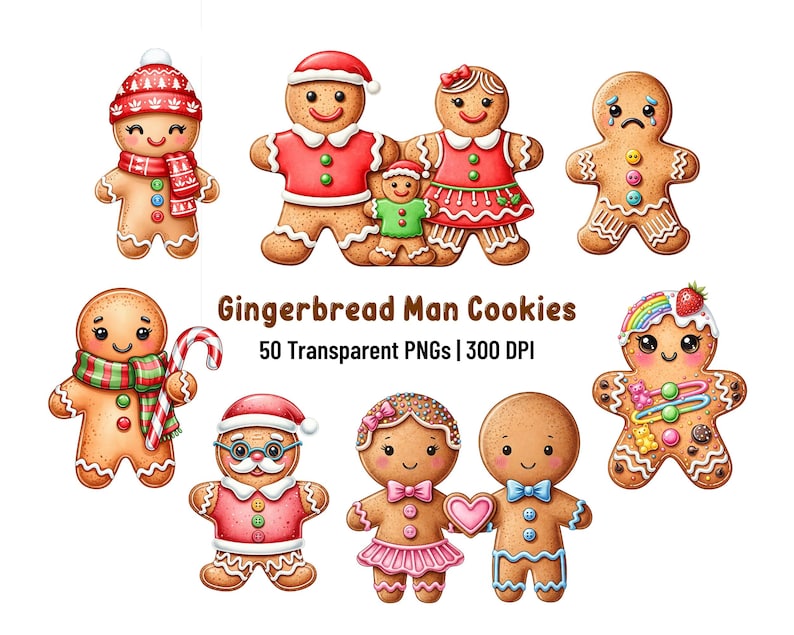 Cute Gingerbread Man Clipart | 50 PNG Festive Cookie Graphics | Holiday ...
