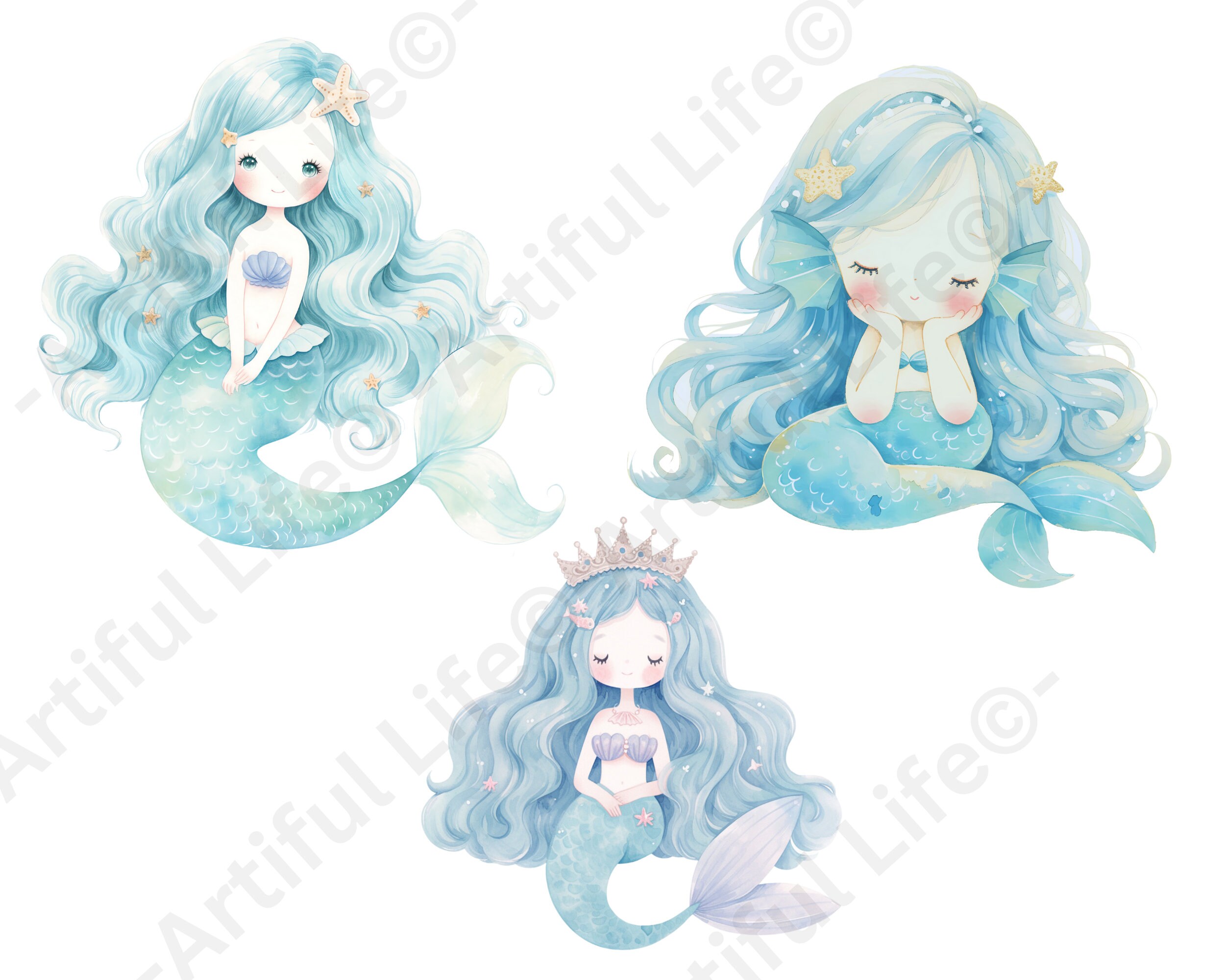 Cute Watercolor Mermaid Clipart Bundle | Cute Mermaids PNG | Cute ...