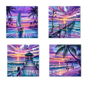 12 Beach Digital Paper Pack | Watercolor Purple Sunset Beach ...