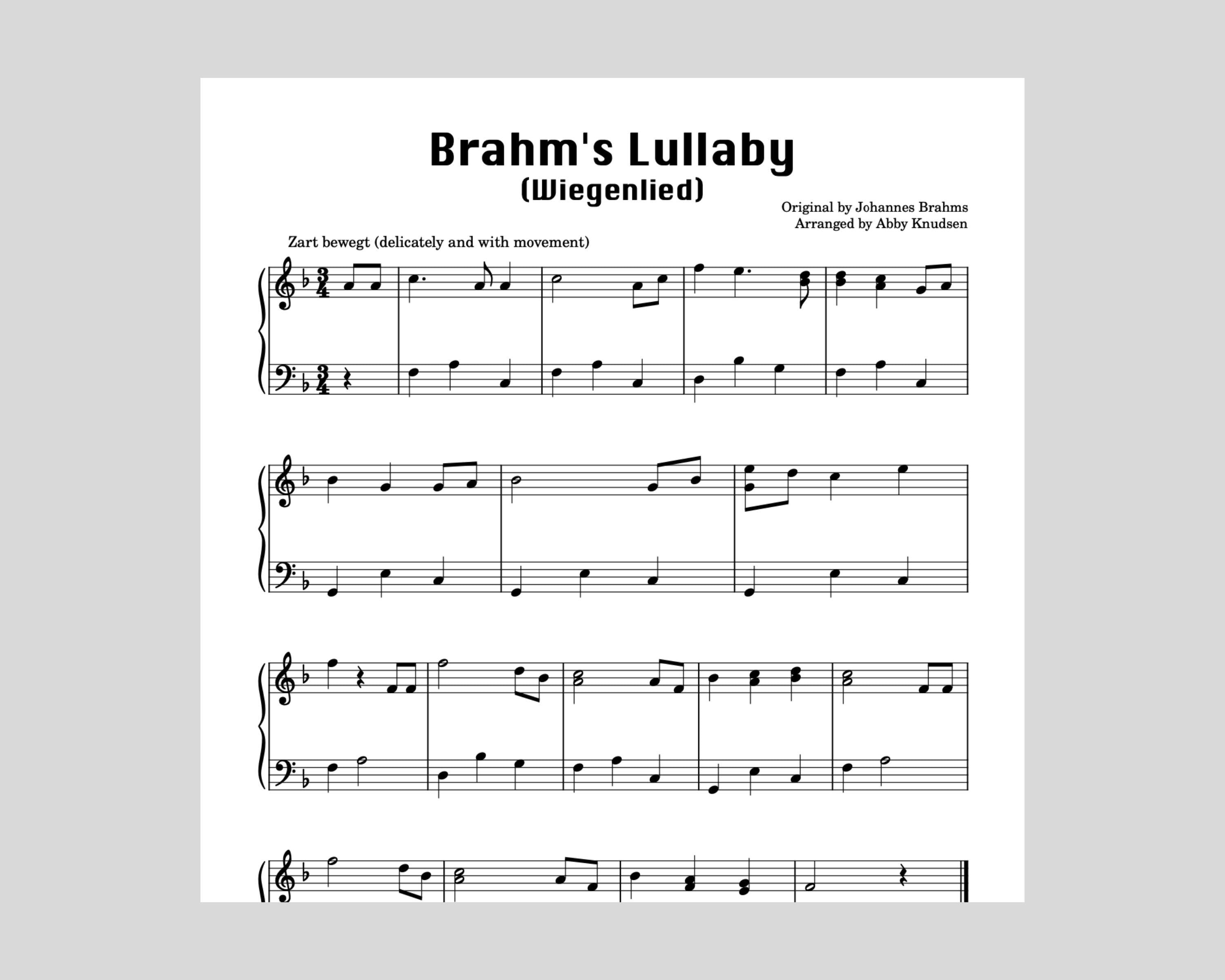 Brahm's Lullaby | Easy Piano Sheet Music - Printable PDF - Etsy