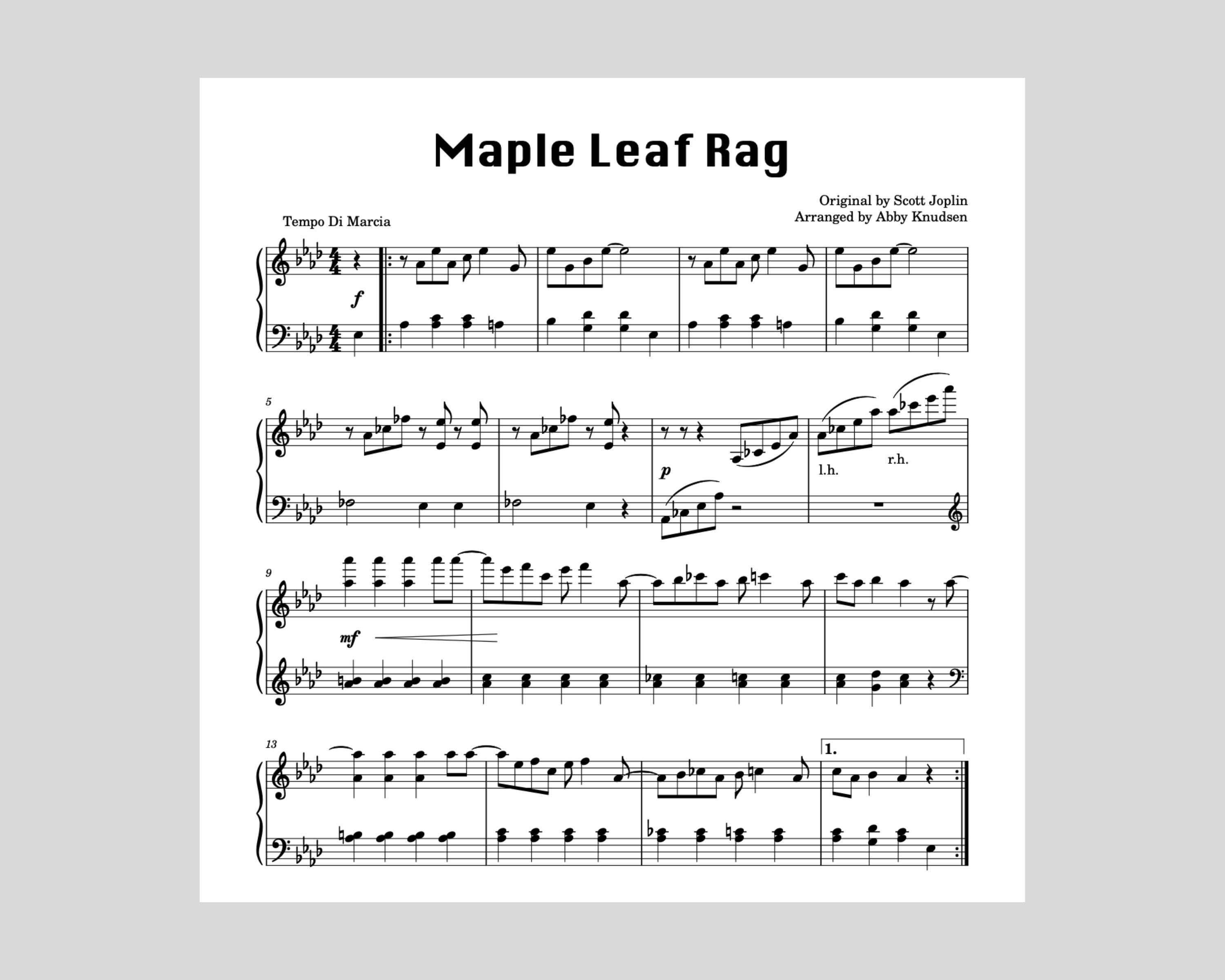 SIMPLIFIED Maple Leaf Rag | Ragtime Piano Sheet Music - Printable PDF ...