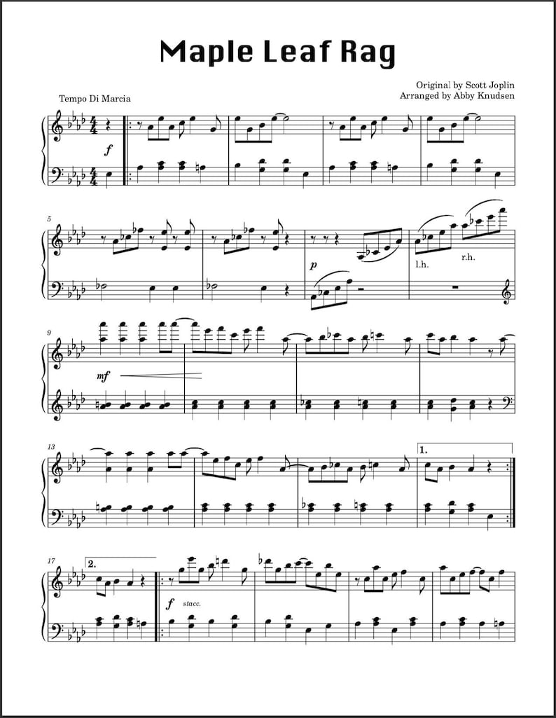 SIMPLIFIED Maple Leaf Rag Ragtime Piano Sheet Music Printable PDF - Etsy
