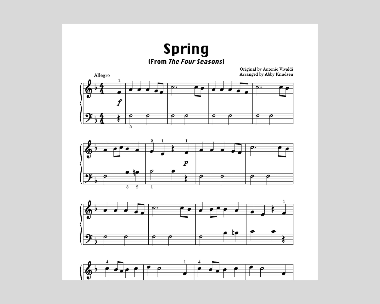 SIMPLIFIED Spring (from the Four Seasons) | Easy Vivaldi Piano Sheet ...