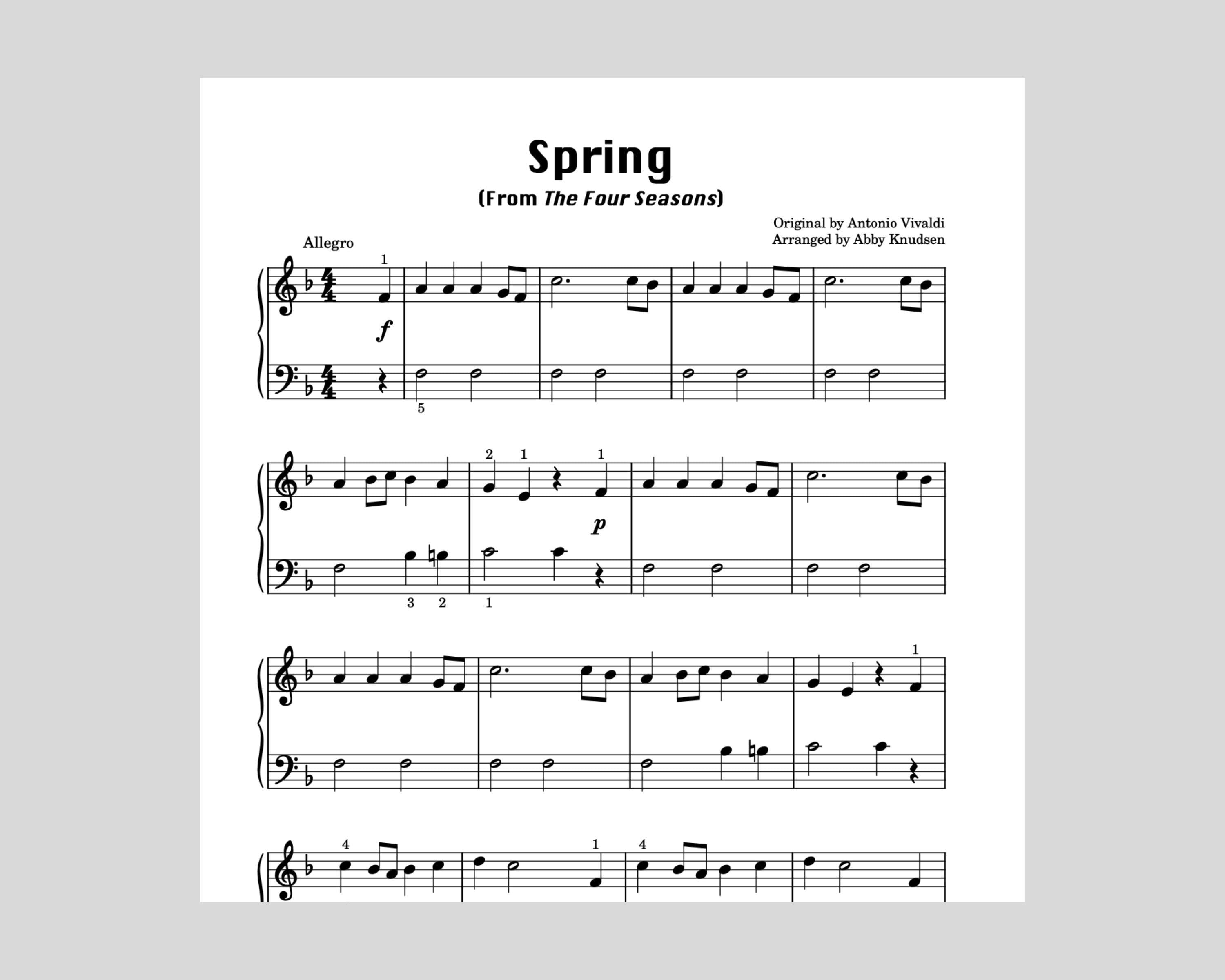 SIMPLIFIED Spring (from the Four Seasons) | Easy Vivaldi Piano Sheet ...