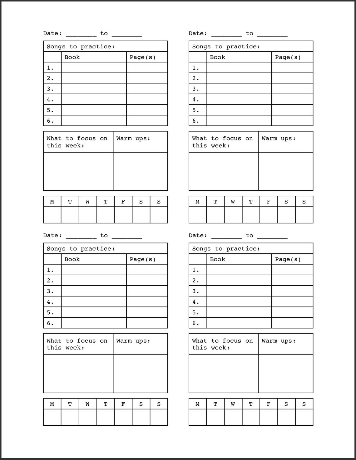 Music Practice Chart - Weekly Assignments Log - Printable PDF - Etsy