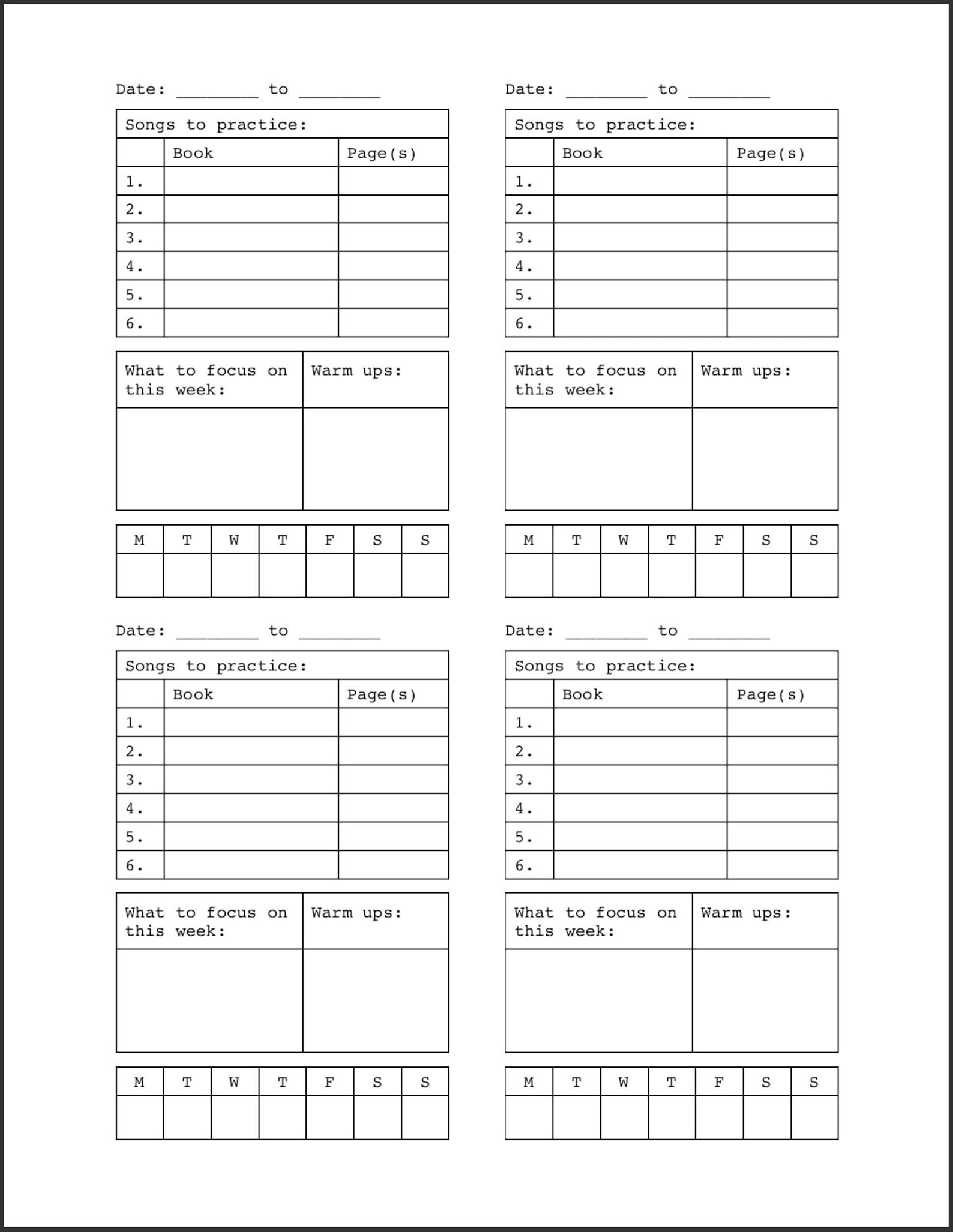 Music Practice Chart - Weekly Assignments Log - Printable PDF - Etsy