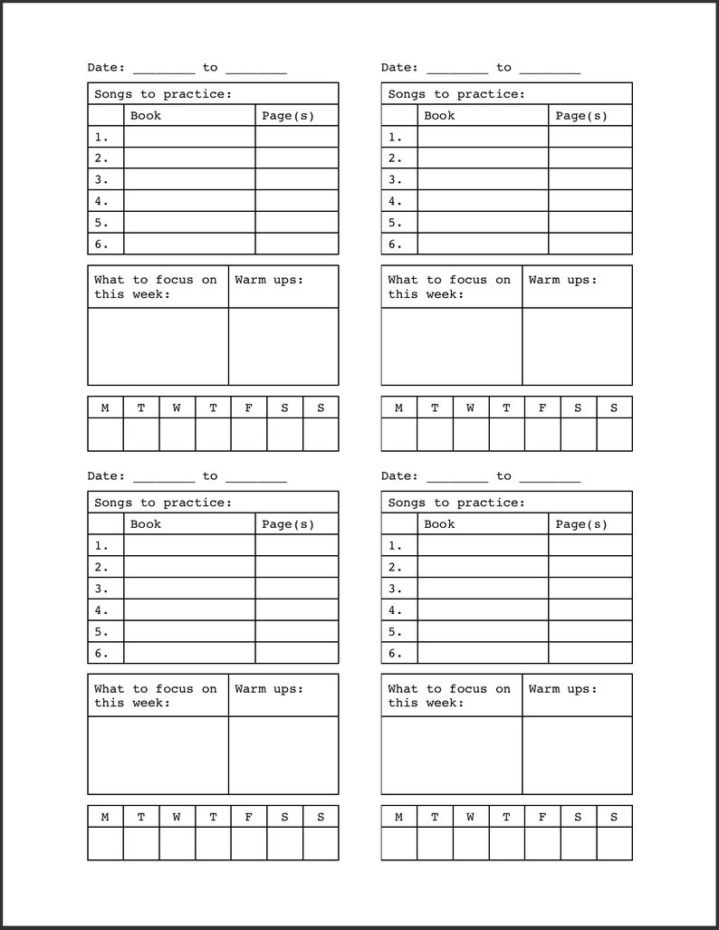 Music Practice Chart - Weekly Assignments Log - Printable PDF - Etsy