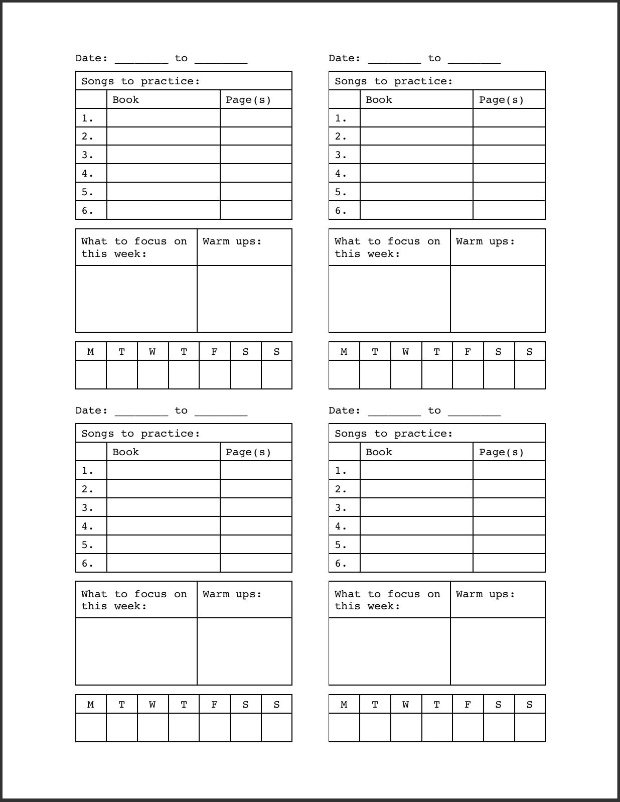 Music Practice Chart - Weekly Assignments Log - Printable PDF - Etsy