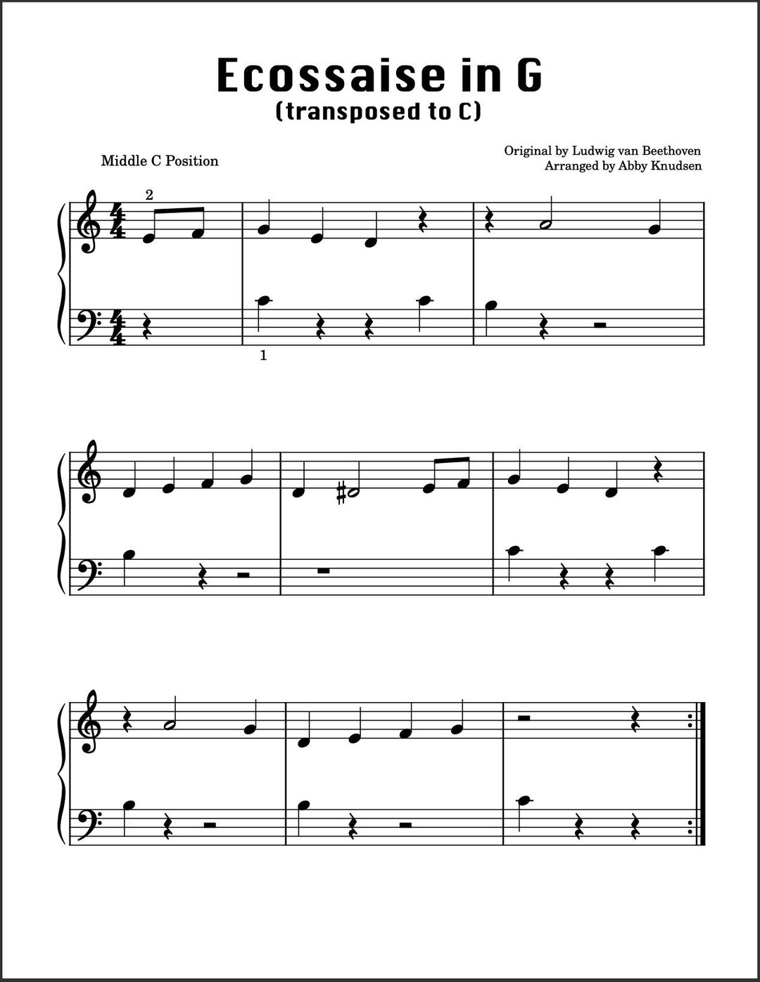 PRIMER LEVEL Ecossaise in G transposed to C Easy Beethoven Piano Sheet ...