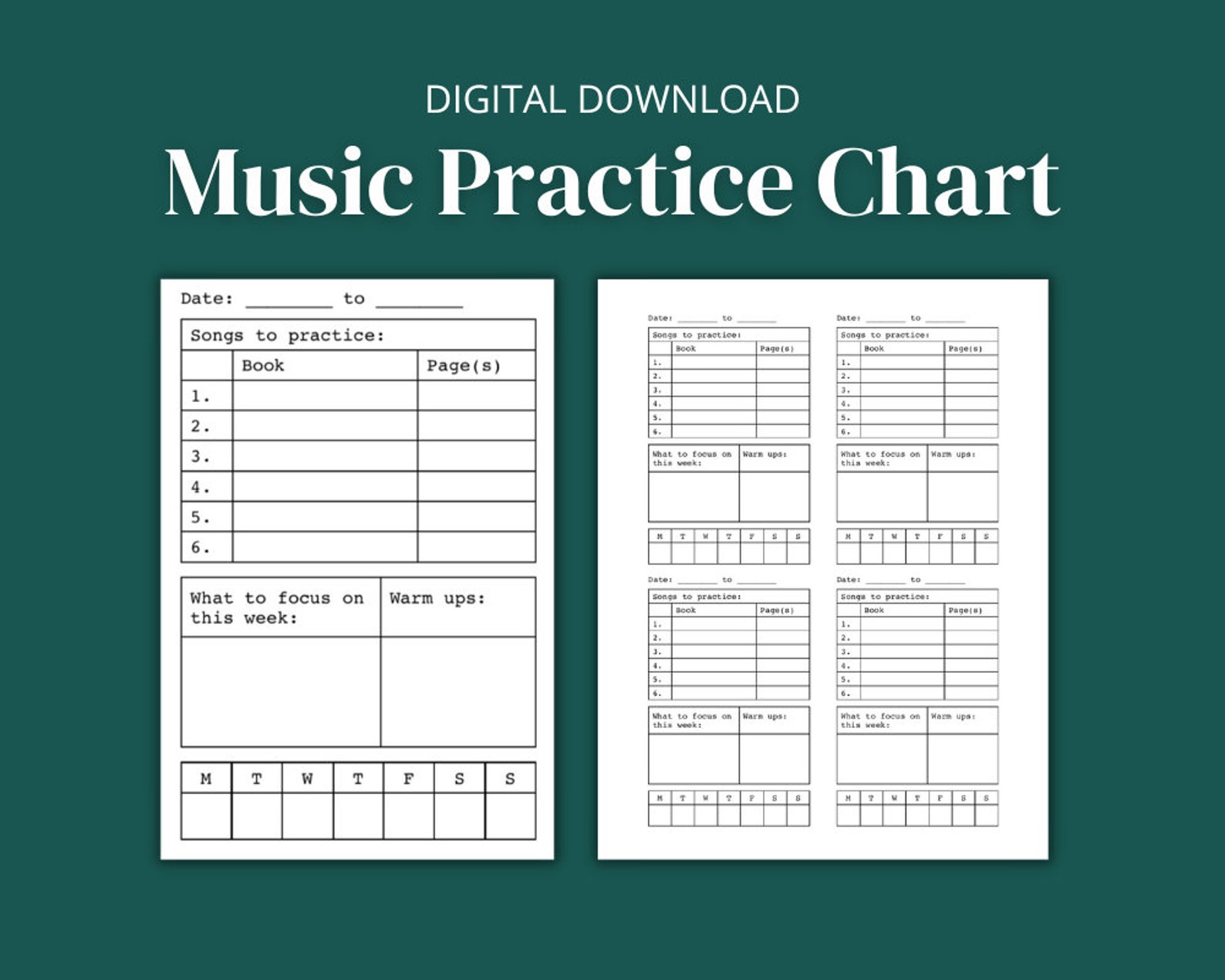 Music Practice Chart - Weekly Assignments Log - Printable PDF - Etsy