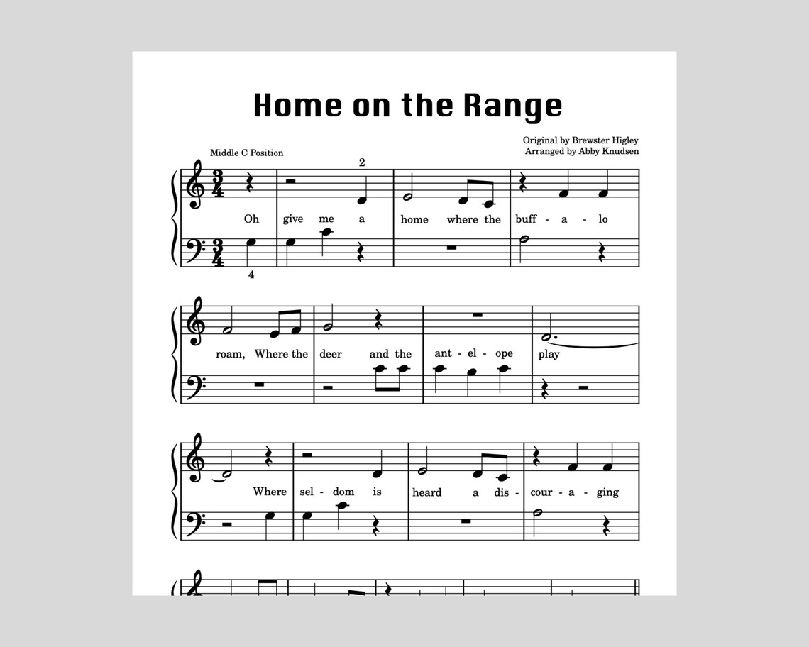 PRIMER LEVEL Home on the Range Easy Piano Sheet Music Printable PDF - Etsy
