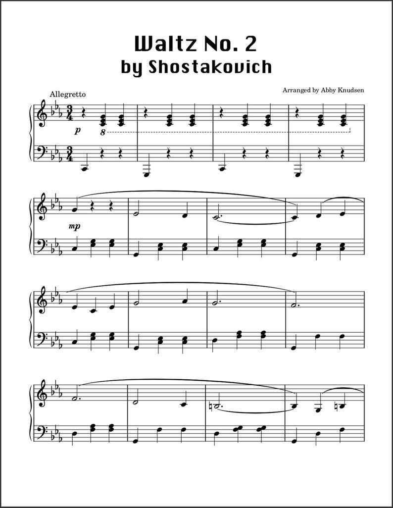 SIMPLIFIED Waltz No. 2 by Shostakovich Piano Sheet Music Printable PDF ...