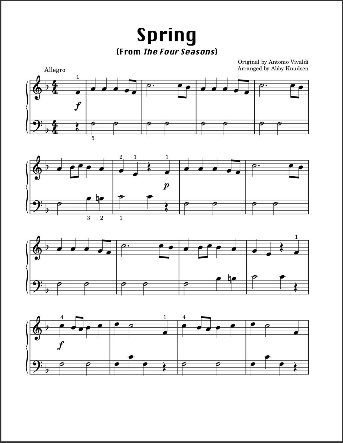 SIMPLIFIED Spring (from the Four Seasons) | Easy Vivaldi Piano Sheet ...