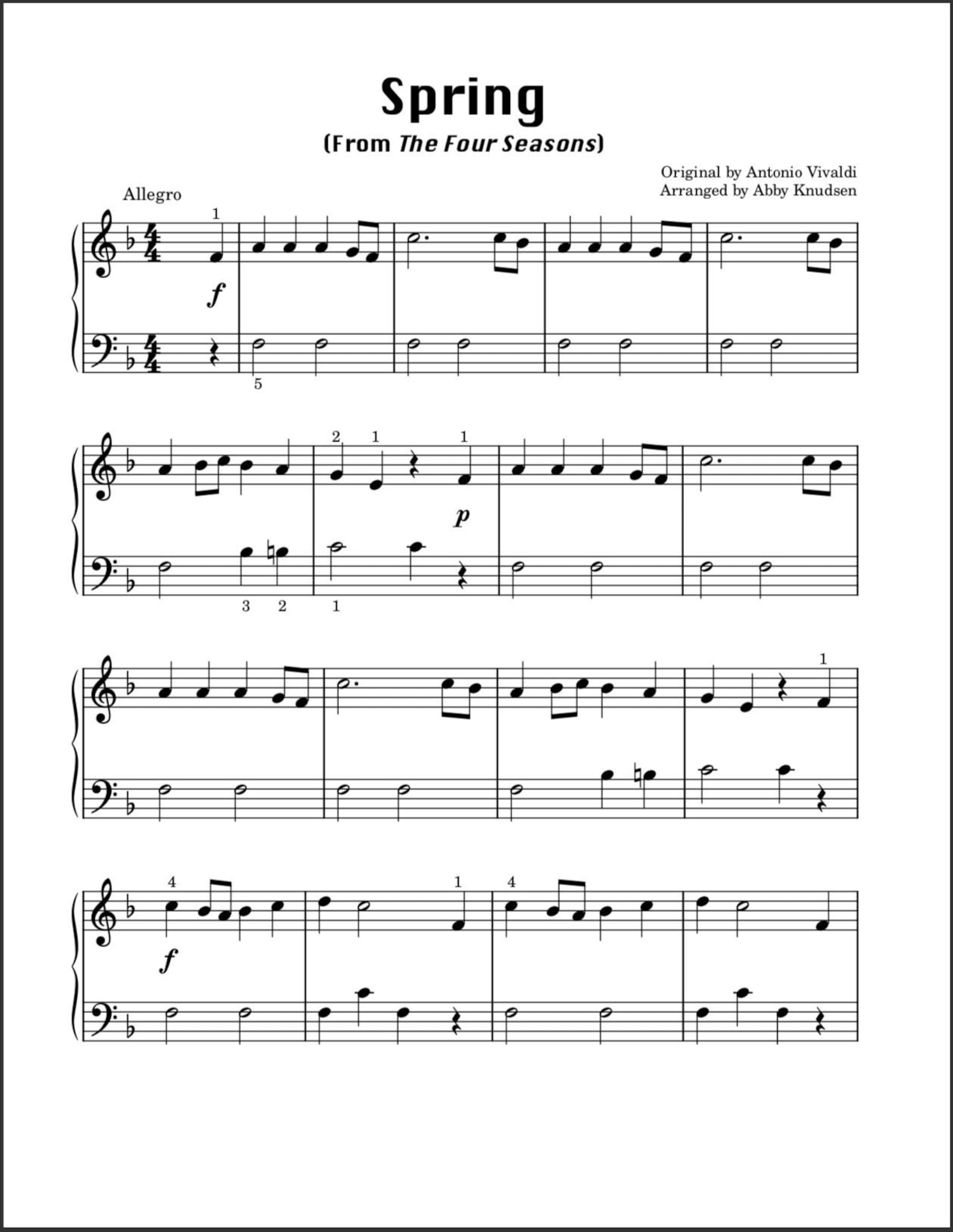 SIMPLIFIED Spring (from the Four Seasons) | Easy Vivaldi Piano Sheet ...