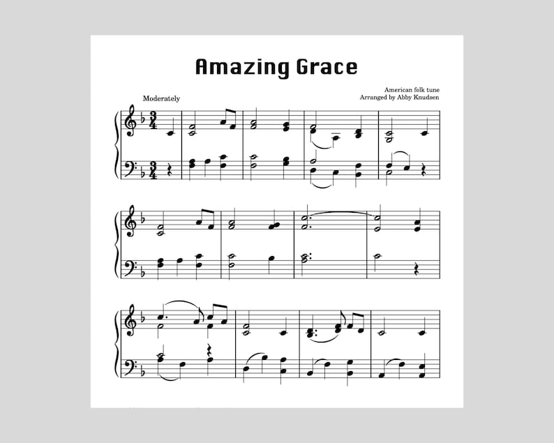 Amazing Grace | Piano Sheet Music - Digital Download - Etsy