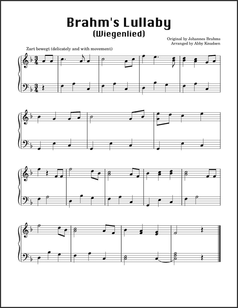 Brahm's Lullaby | Easy Piano Sheet Music - Printable PDF - Etsy