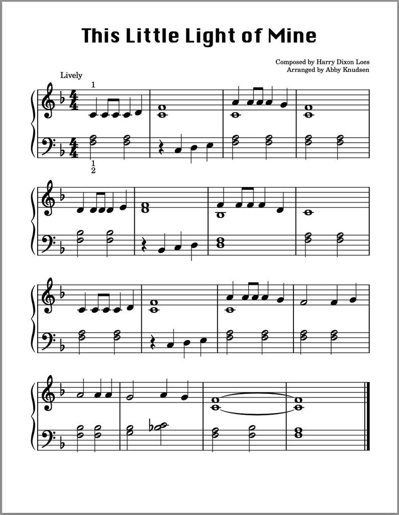 This Little Light of Mine | EASY Piano Sheet Music - Printable PDF - Etsy