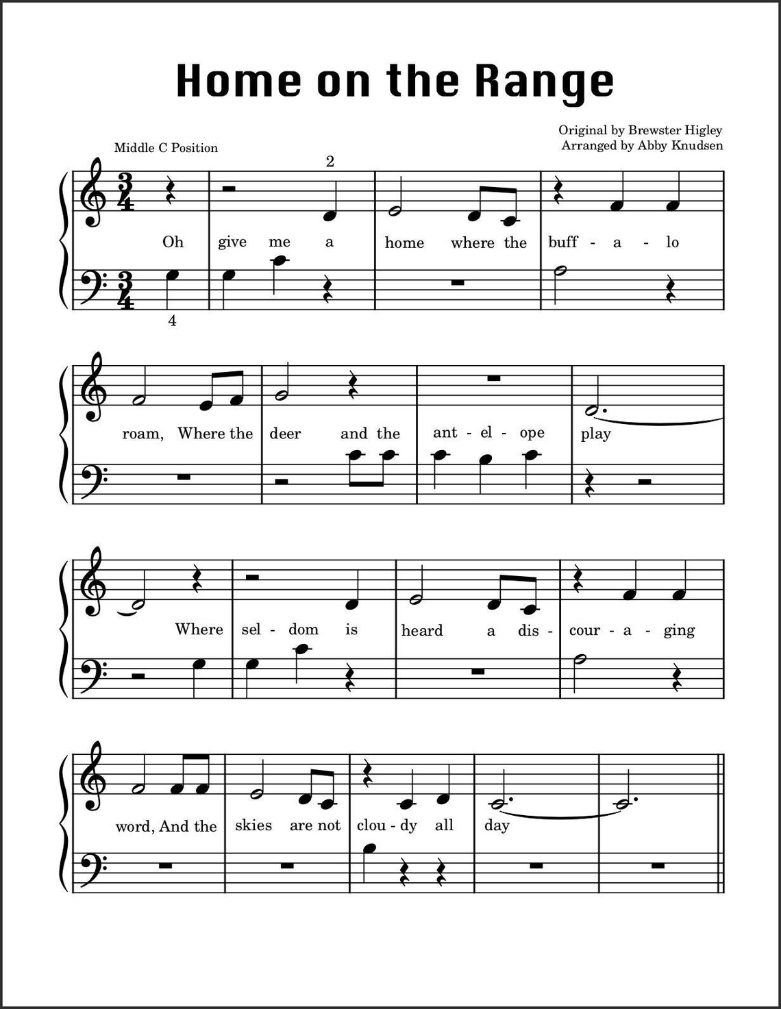 PRIMER LEVEL Home on the Range Easy Piano Sheet Music Printable PDF - Etsy