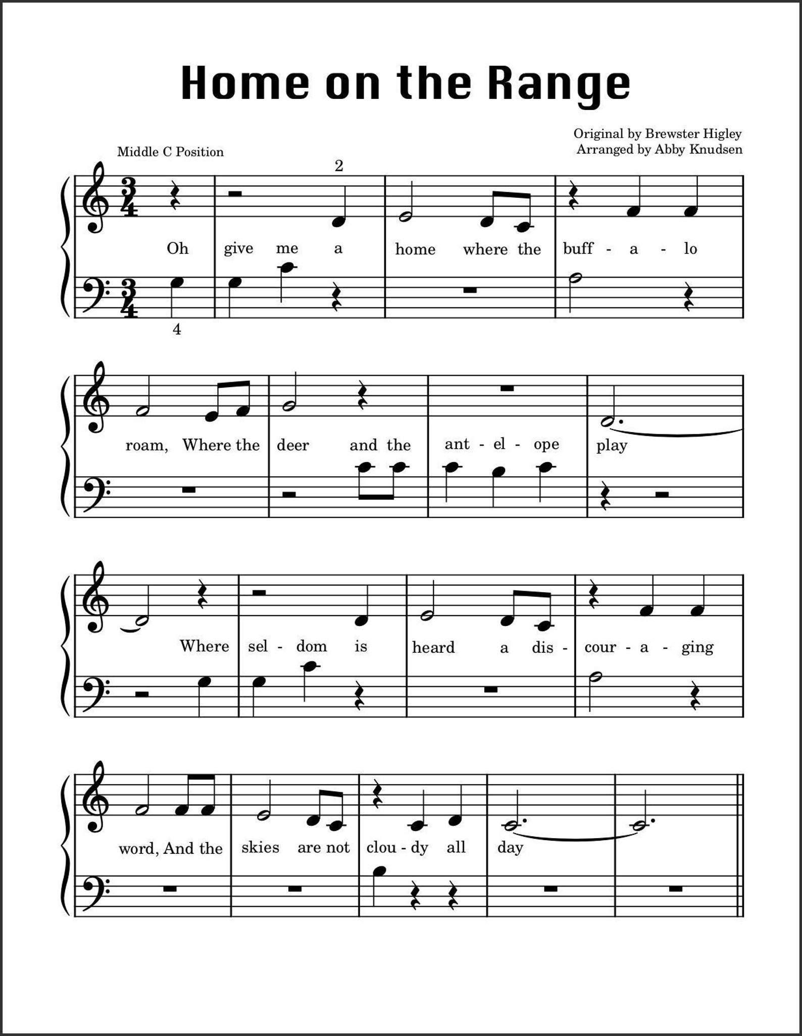 BEGINNER Home on the Range | Easy Piano Sheet Music - Printable PDF - Etsy
