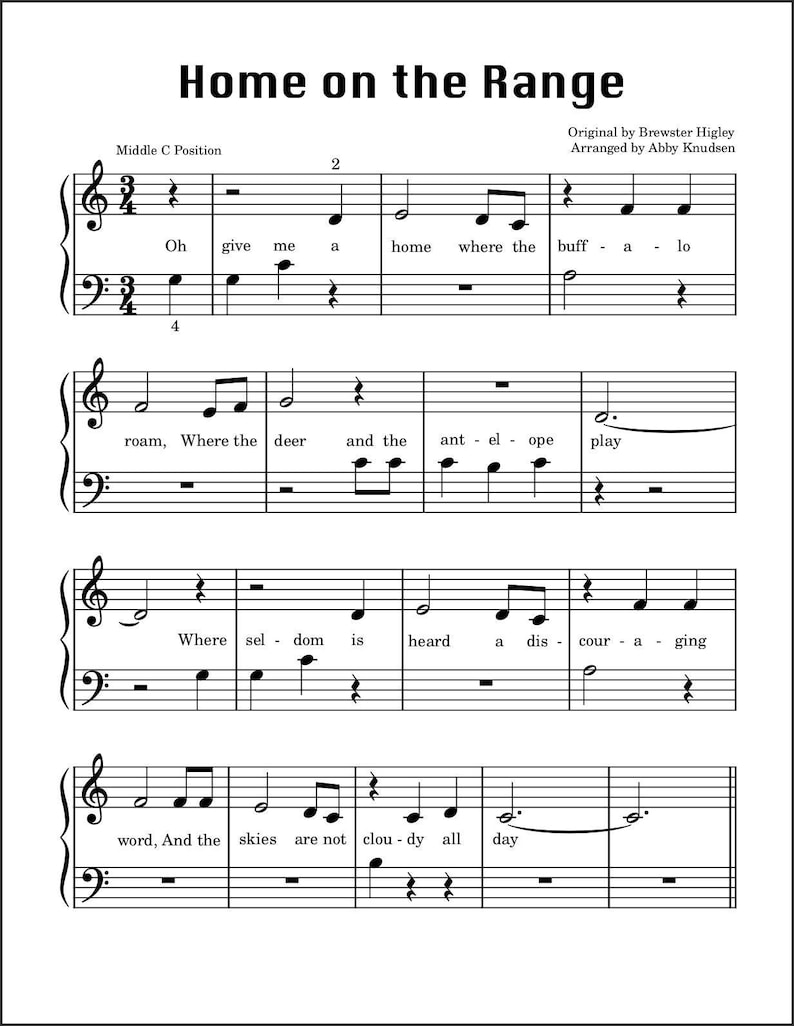 BEGINNER Home on the Range | Easy Piano Sheet Music - Printable PDF - Etsy