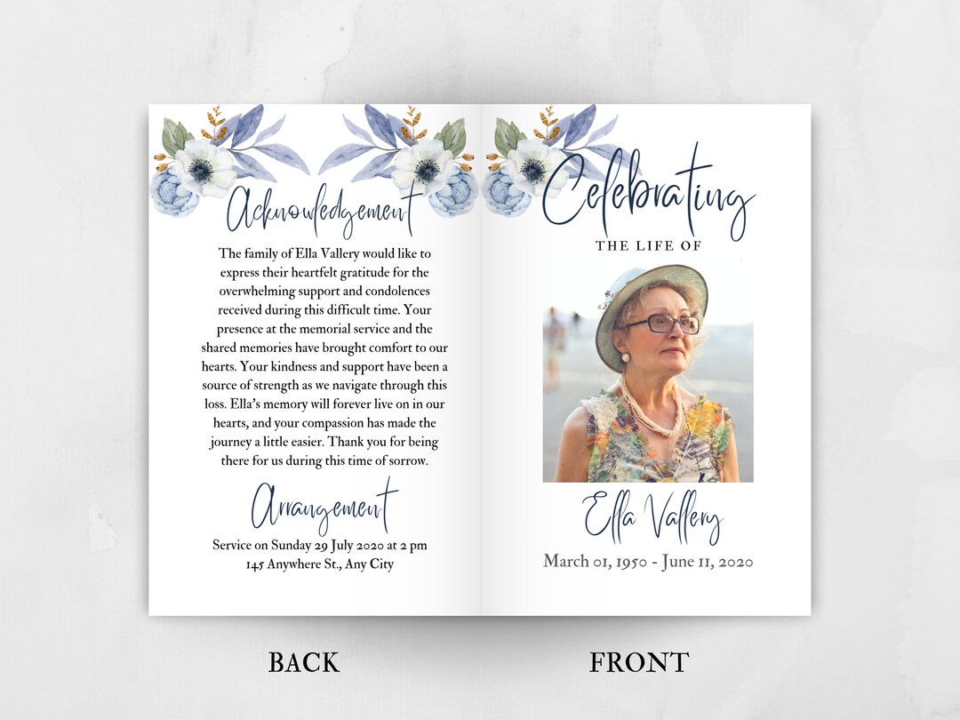 Editable Blue Floral Funeral Program Template Celebrating the Life of ...