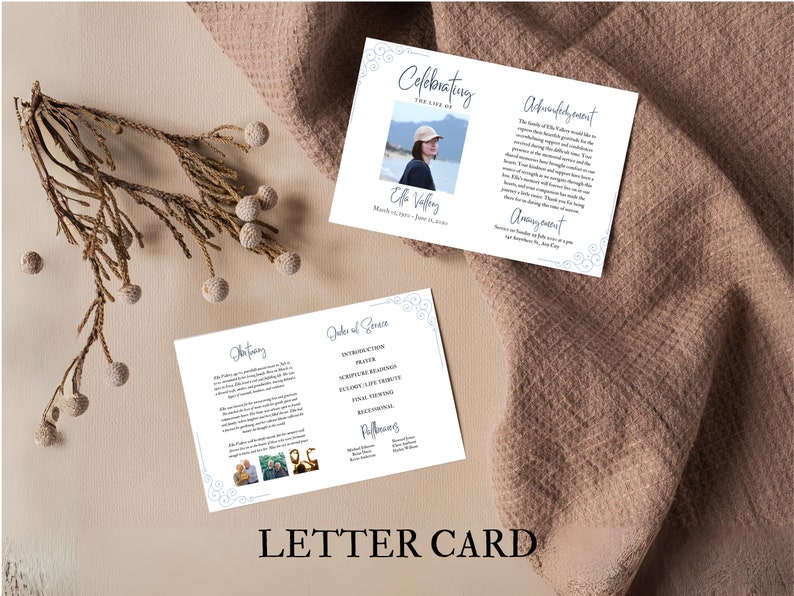 Editable Blue Elegant Quill Funeral Program Template Celebrating the ...