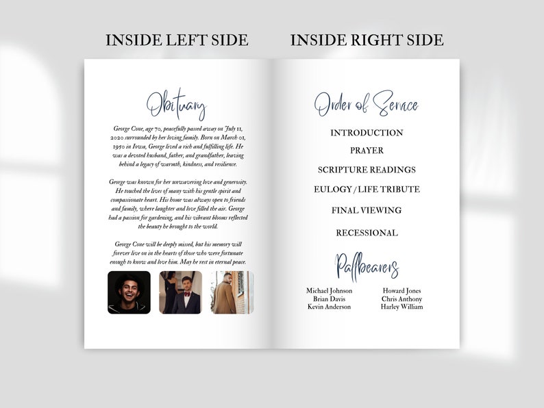 Editable Funeral Program Template for Man, Folded Card Memorial Program ...