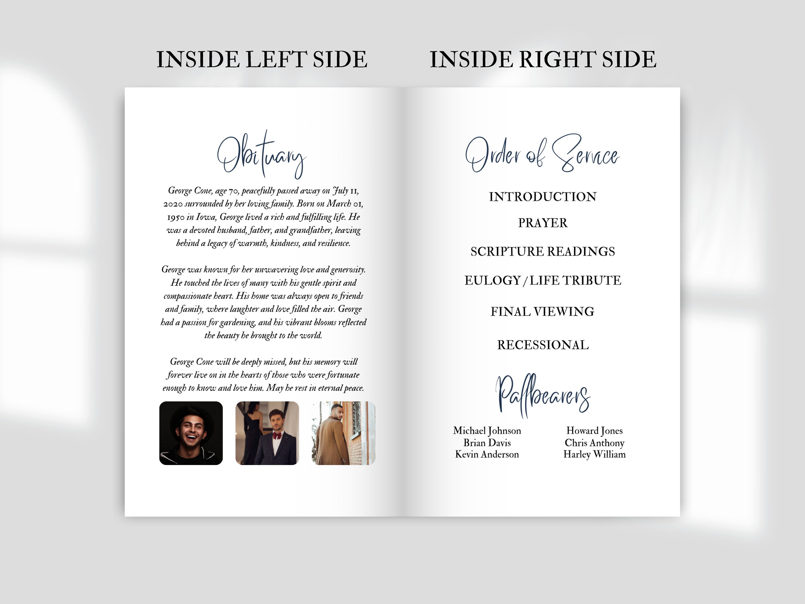 Editable Funeral Program Template for Man, Folded Card Memorial Program ...