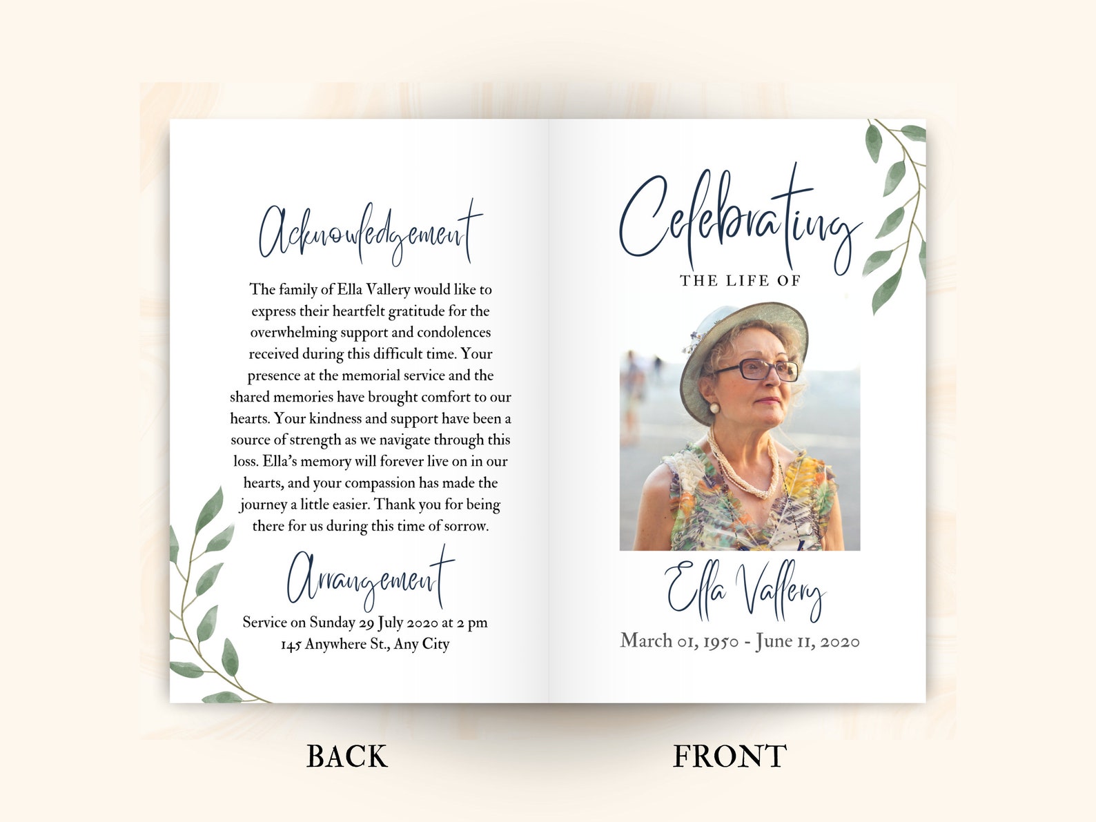 Editable Funeral Greenery Leaf Program Template Celebrating the Life of ...