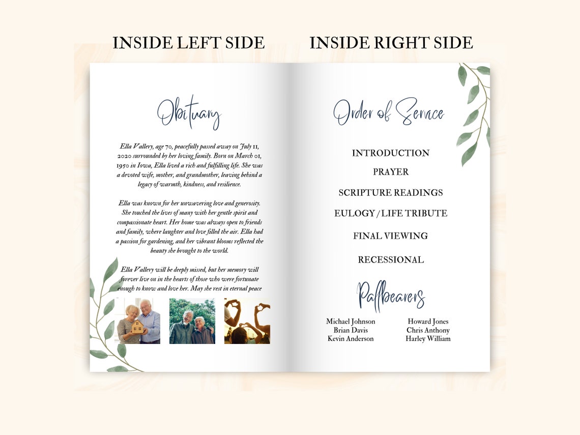 Editable Funeral Greenery Leaf Program Template Celebrating the Life of ...