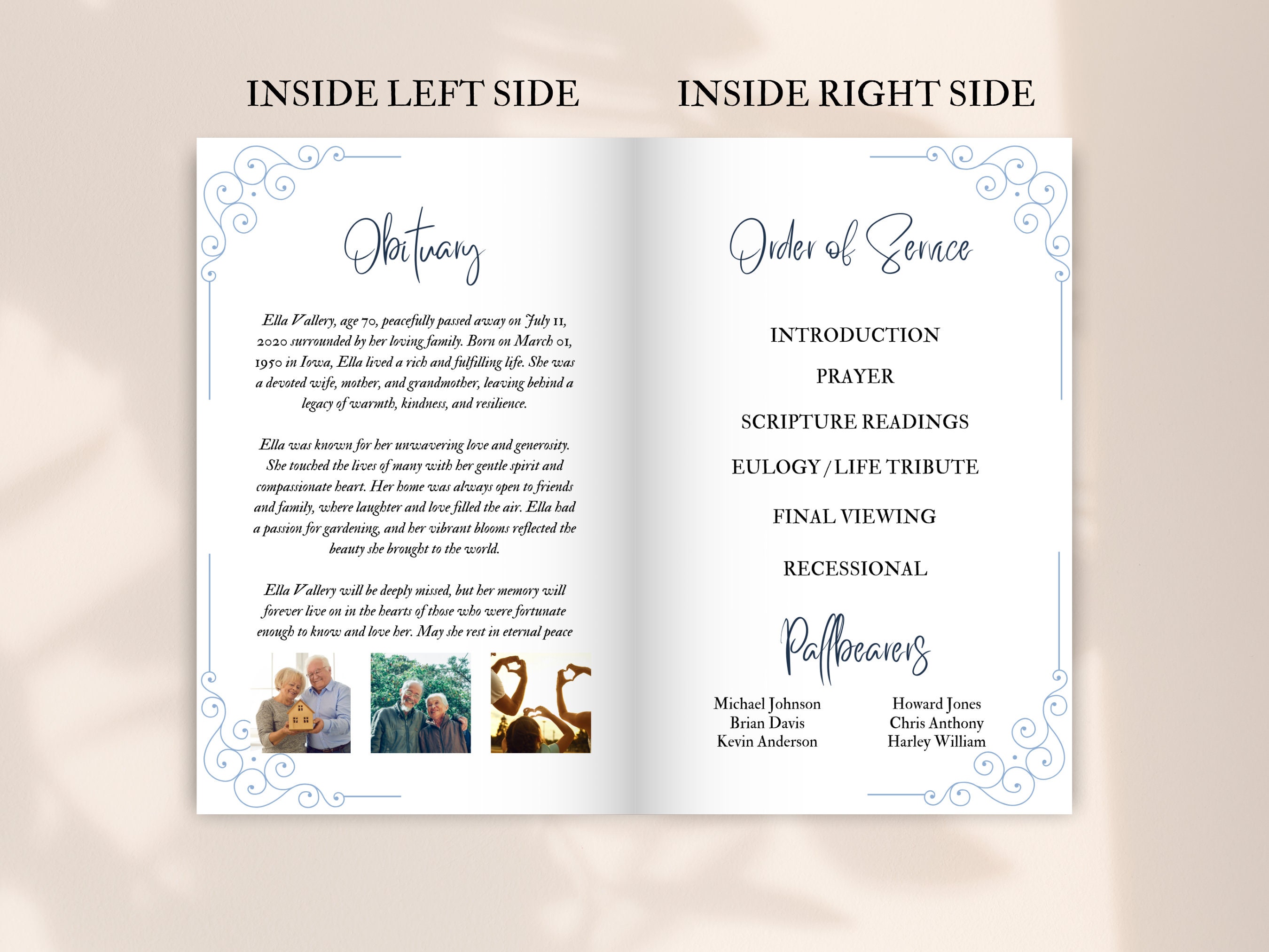 Editable Blue Elegant Quill Funeral Program Template Celebrating the ...