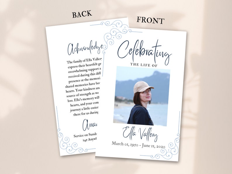 Editable Blue Elegant Quill Funeral Program Template Celebrating the ...