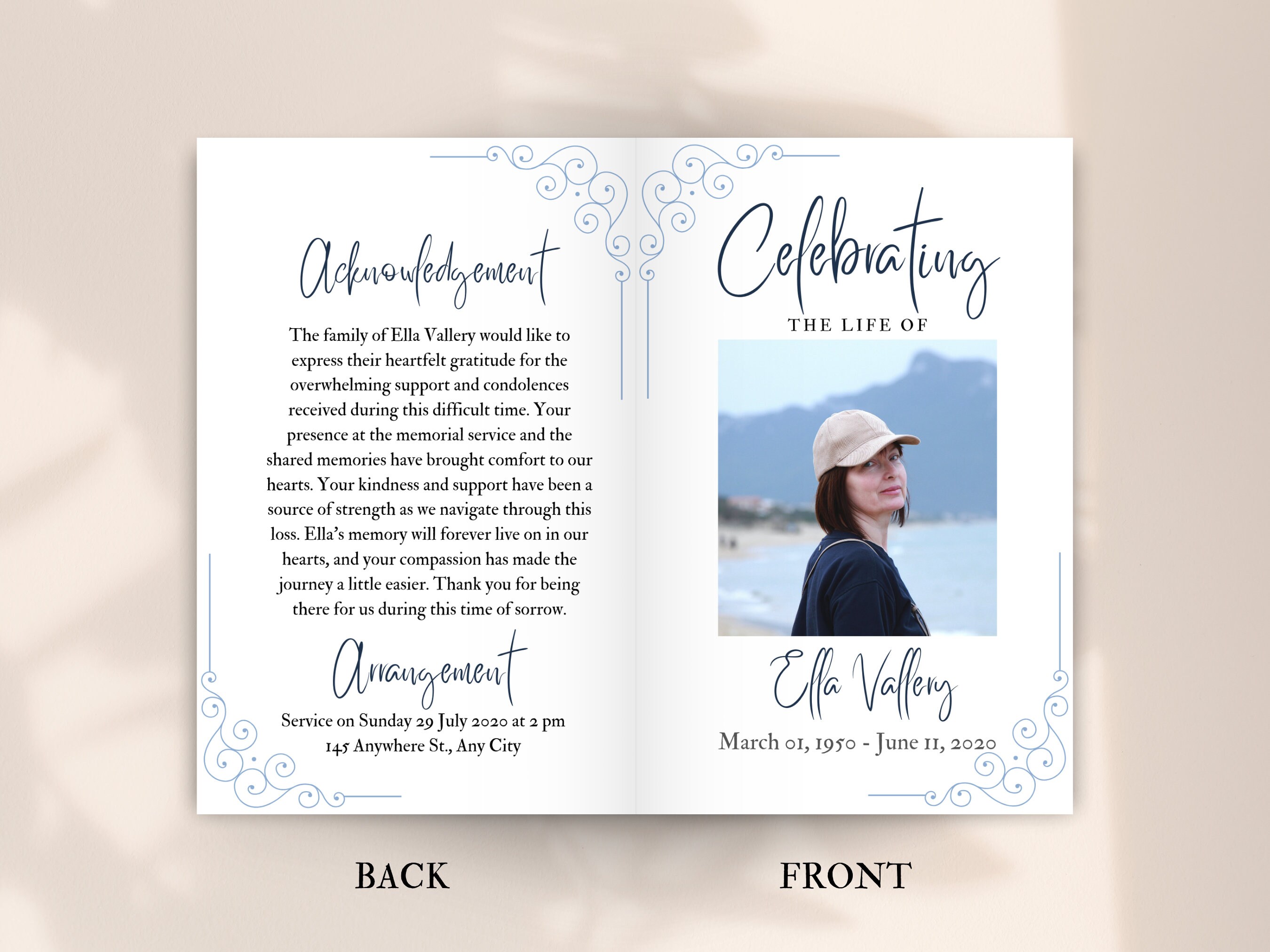 Editable Blue Elegant Quill Funeral Program Template Celebrating the ...