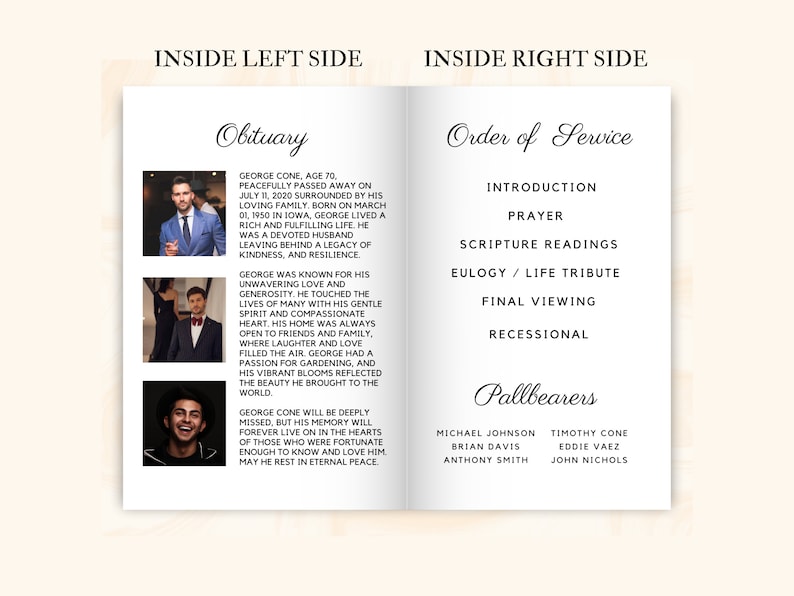 Man Funeral Program Template, Editable Minimalist Memorial Program ...
