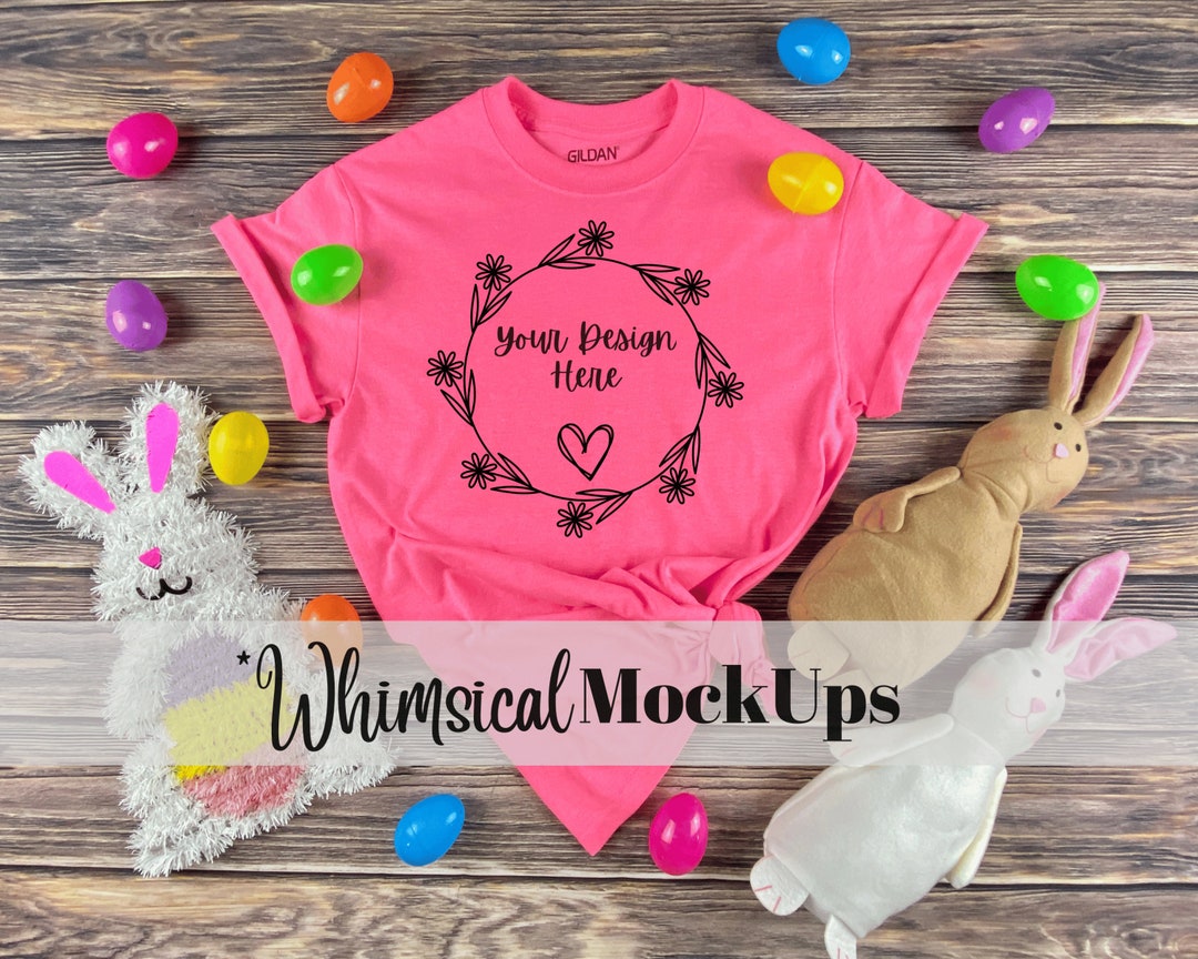 Gildan 5000 Mockup, Safety Pink Gildan 5000, Wood Background Mock Up ...
