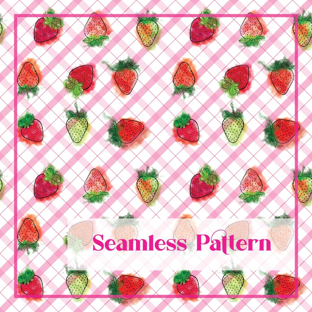 Watercolor Strawberries Gingham Seamless Pattern: Fruit Digital Paper ...