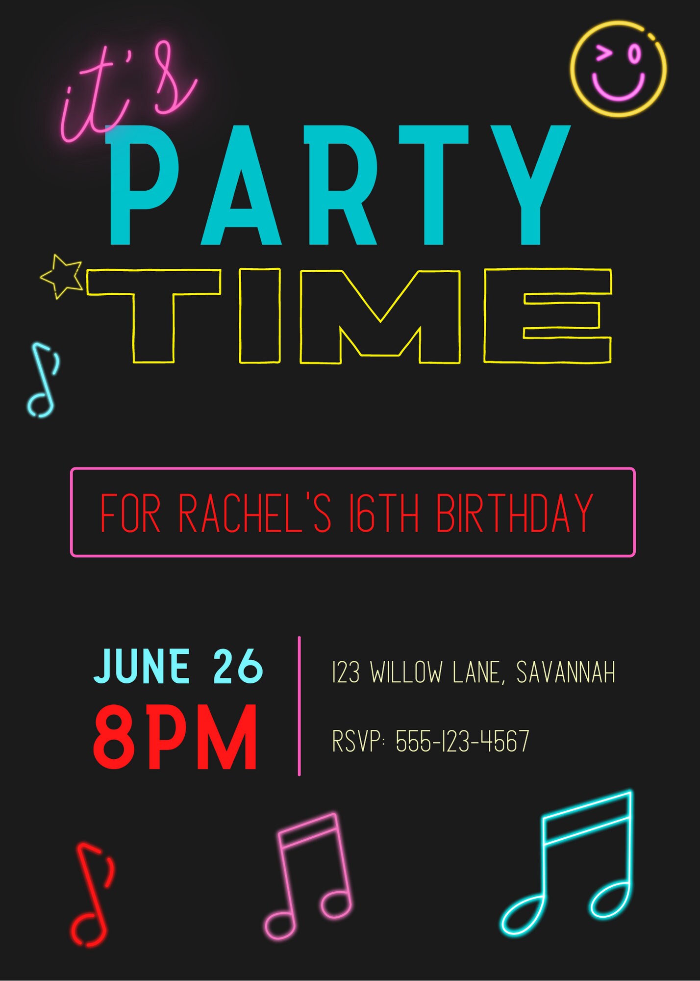 Birthday Party Invitation Template, Digital Download, Neon, Printable ...