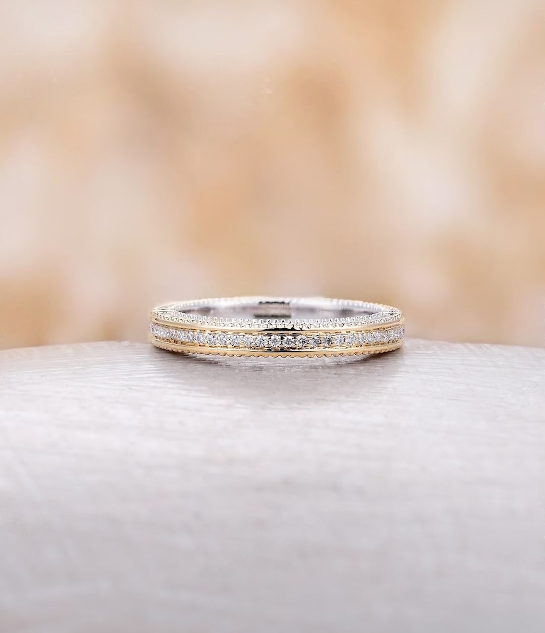 Art Deco Two Tones Wedding Band, Vintage Half Eternity Wedding Ring, Art Deco Milgrain Matching ...