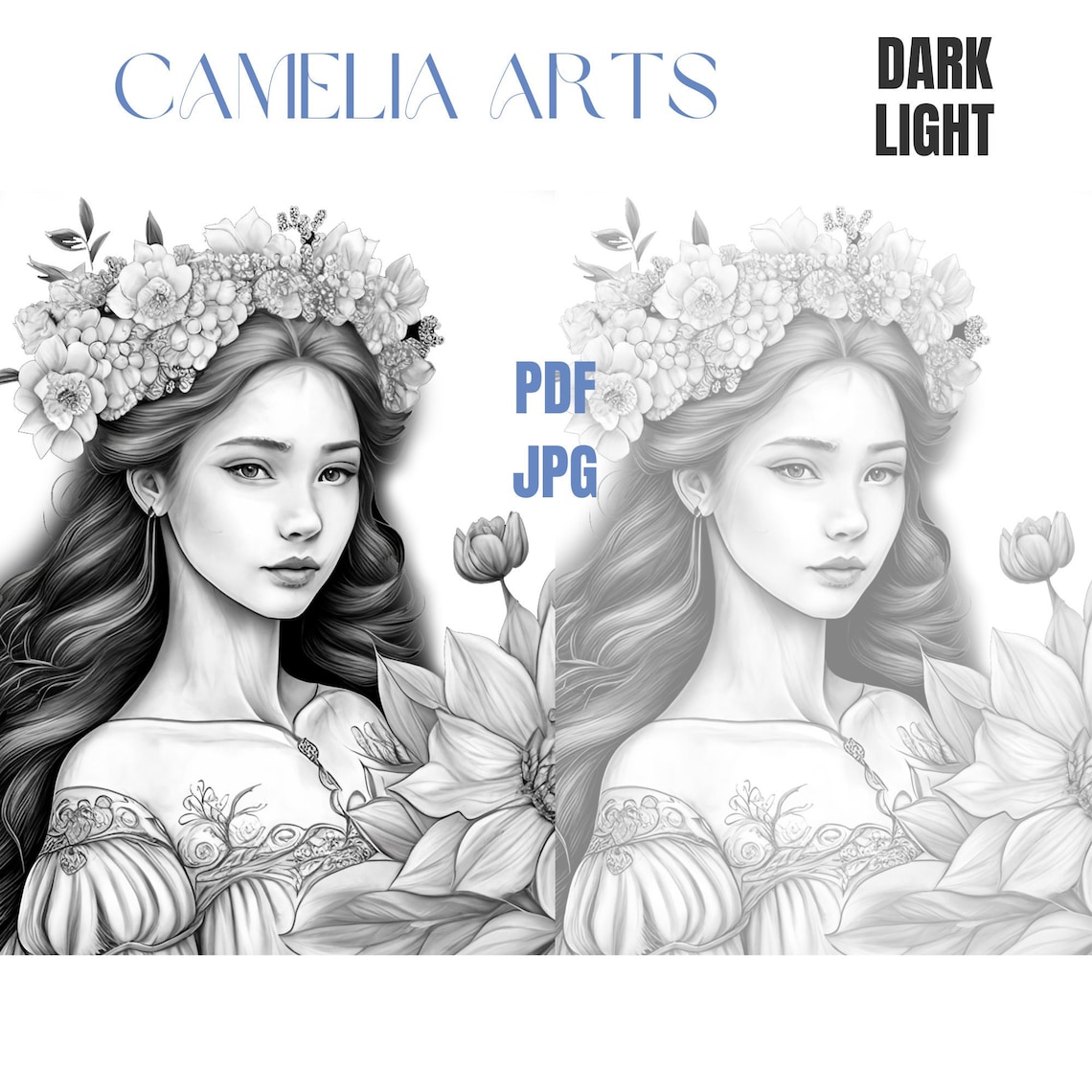 Grayscale Coloring Page Grayscale Portrait Printable Adult Coloring ...