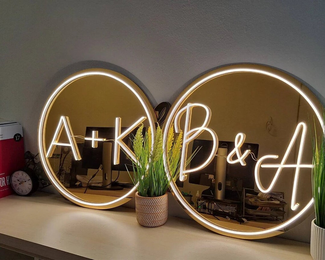 Custom Initials Round Circle LED Mirror Neon Sign | Wedding | Logo ...