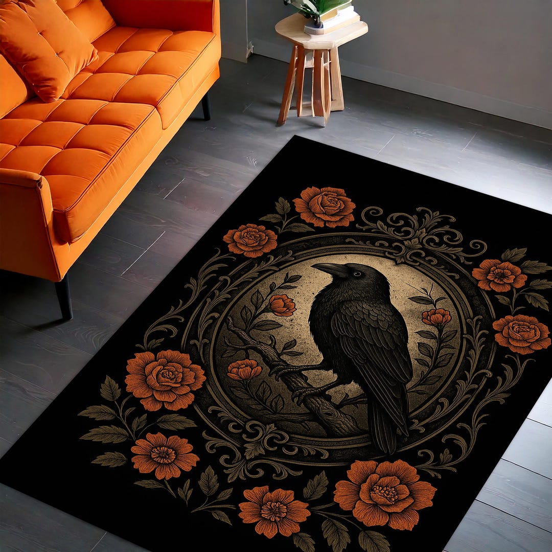 Gothic Raven and Roses Rug, Dark Victorian Bird Carpet, Crow Floral ...
