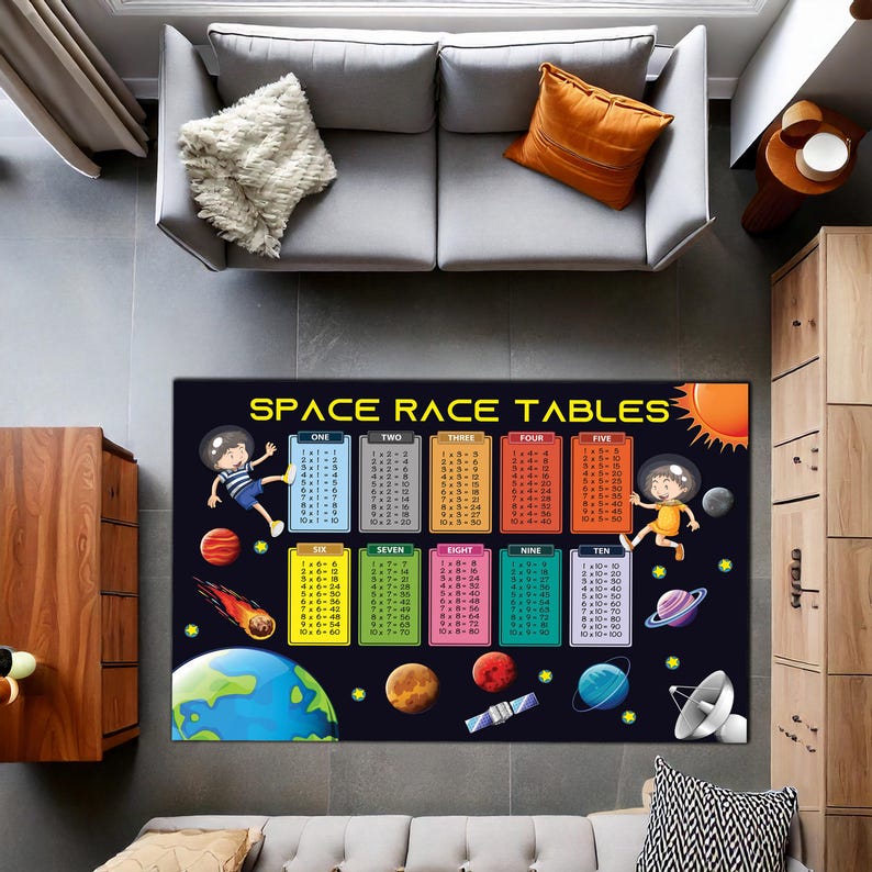 Space Race Multiplication Tables Printed Area Rug – Educational Kids ...