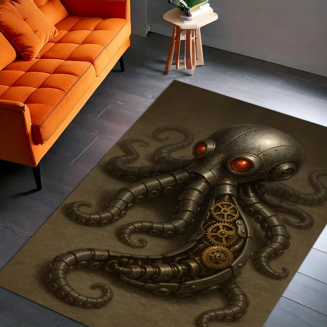 Steampunk Octopus Rug – Industrial Mechanical Sci-fi Carpet, Fantasy ...